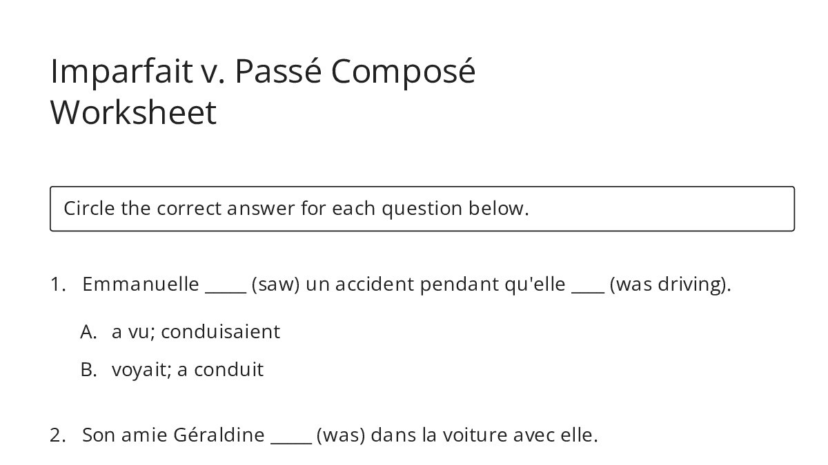 Imparfait v. Passé Composé Worksheet - My Worksheet Maker: Create Your ...