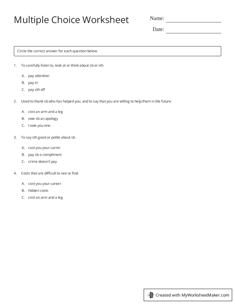Multiple Choice Worksheet - My Worksheet Maker: Create Your Own Worksheets