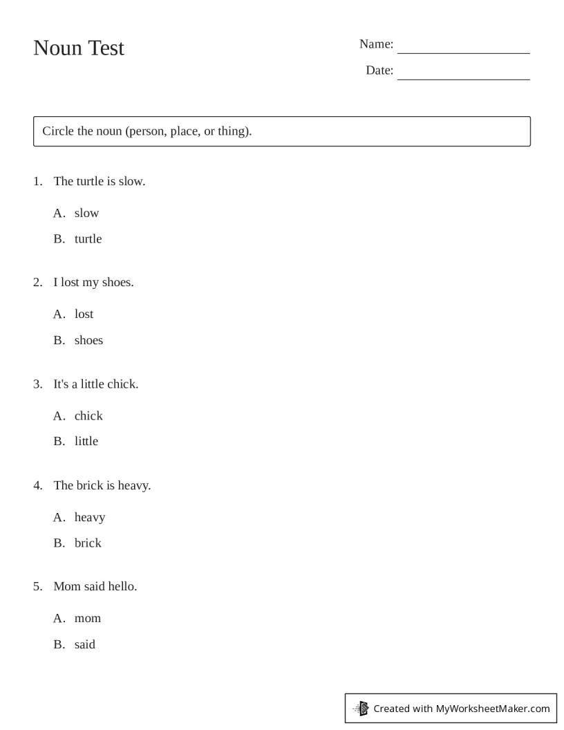 Noun Test - My Worksheet Maker: Create Your Own Worksheets