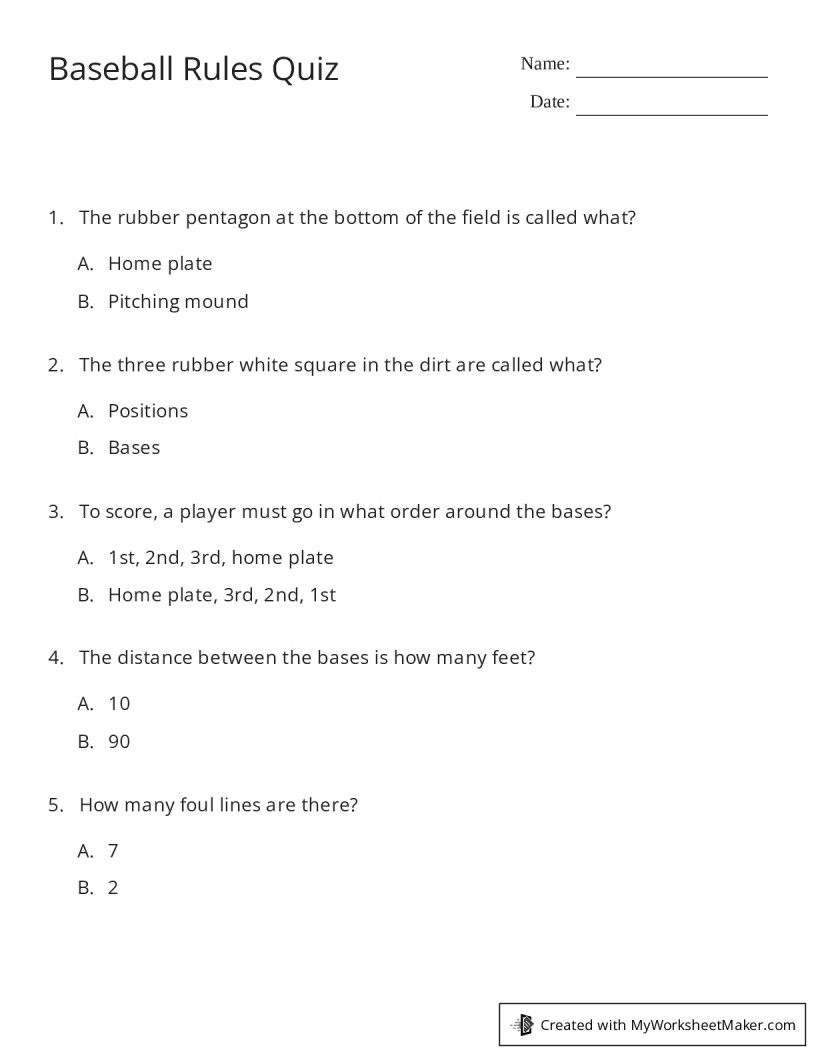 Baseball Rules Quiz - My Worksheet Maker: Create Your Own Worksheets