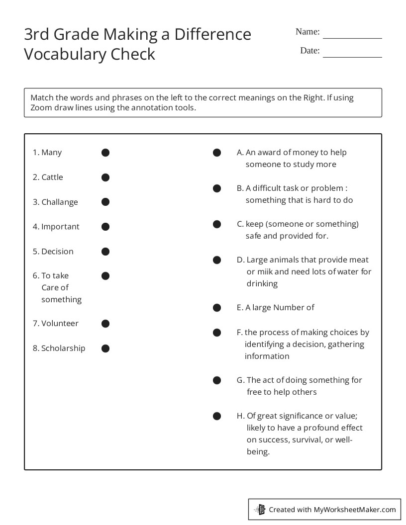 3rd Grade Making a Difference Vocabulary Check - My Worksheet Maker ...