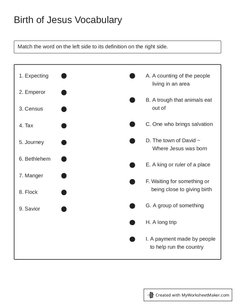 Birth of Jesus Vocabulary - My Worksheet Maker: Create Your Own Worksheets