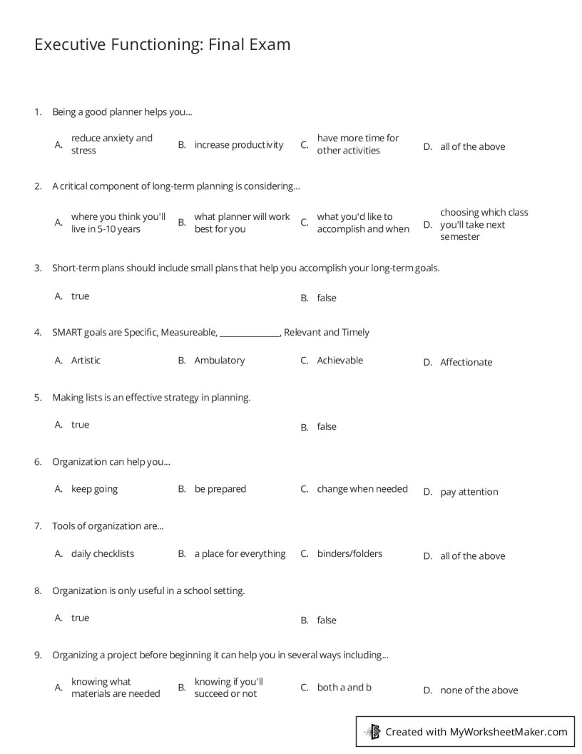Executive Functioning: Final Exam - My Worksheet Maker: Create Your Own ...