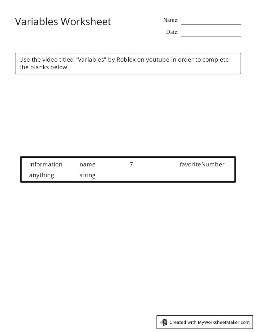 Variables Worksheet - My Worksheet Maker: Create Your Own Worksheets