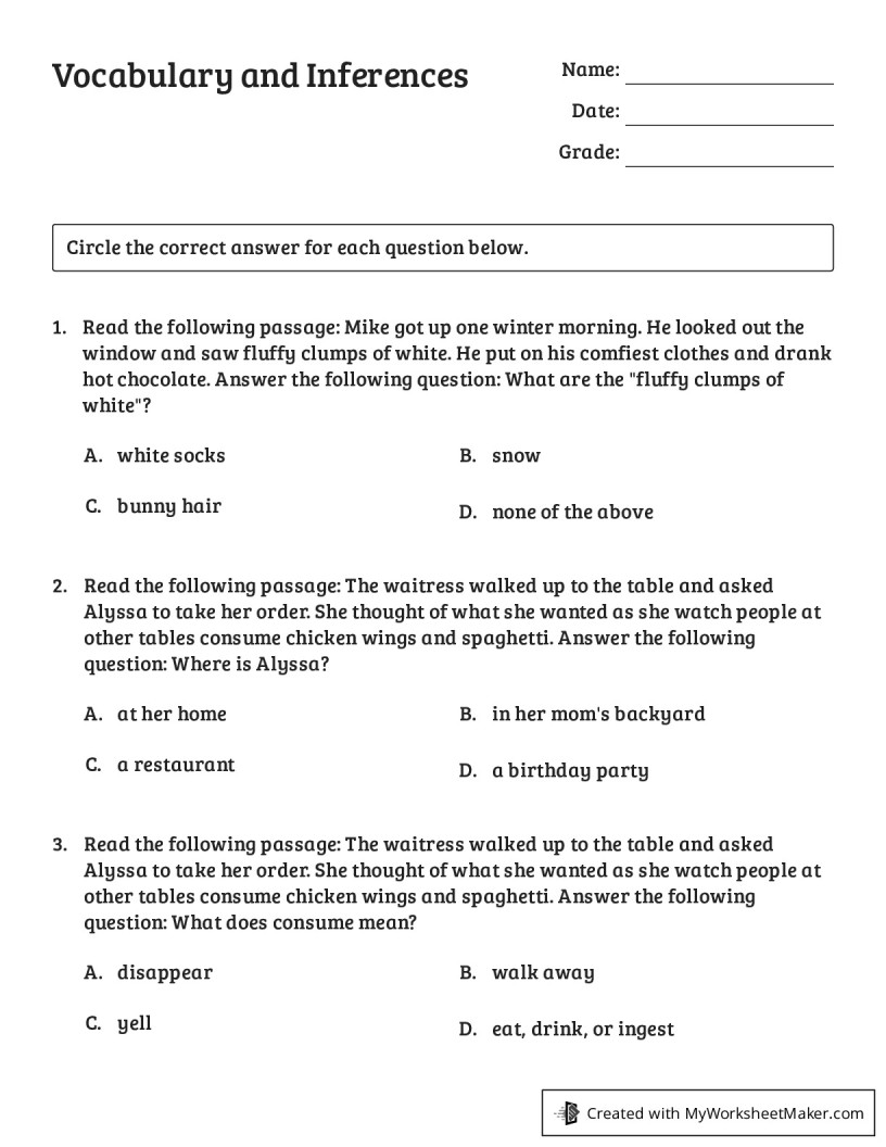 Vocabulary and Inferences - My Worksheet Maker: Create Your Own Worksheets