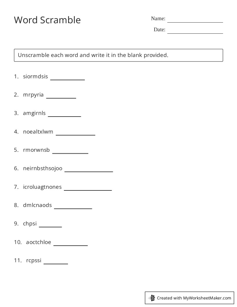 Word Scramble - My Worksheet Maker: Create Your Own Worksheets