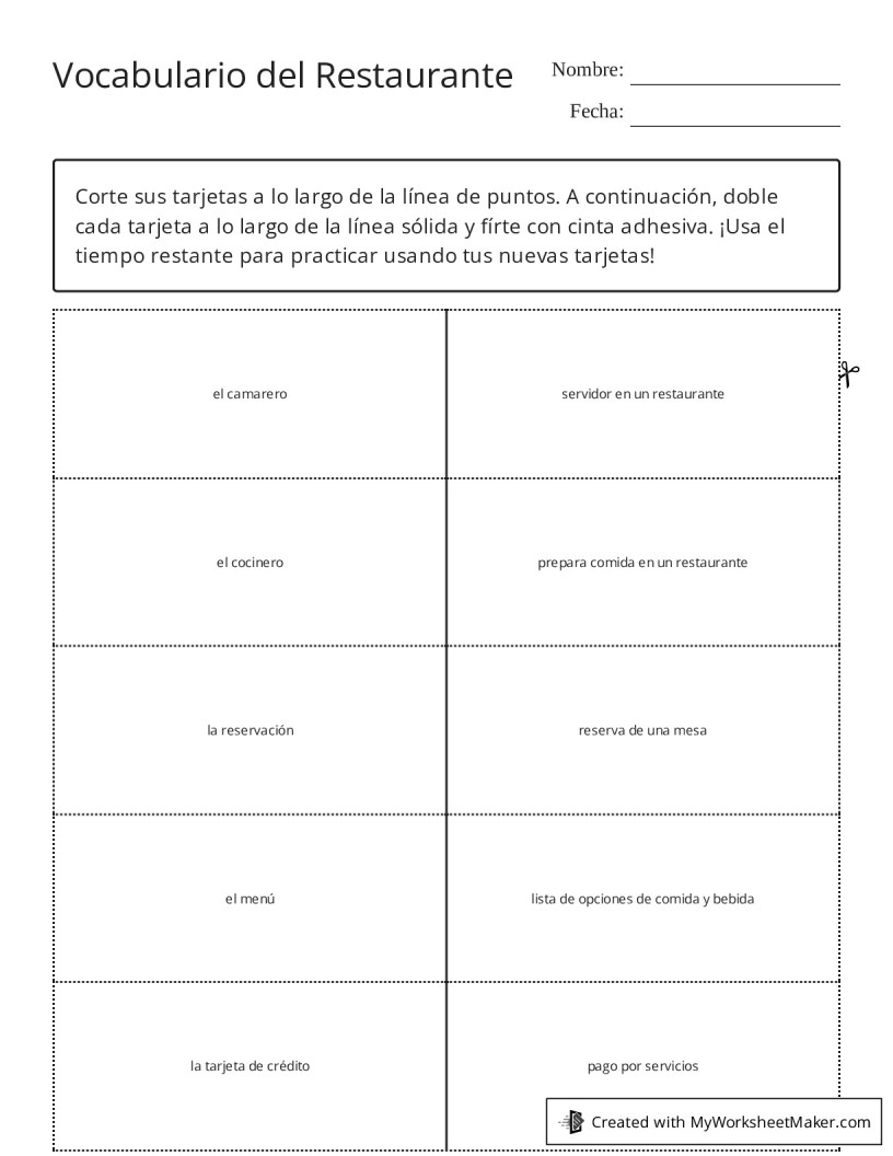 Vocabulario del Restaurante - My Flashcard Maker: Create Your Own ...