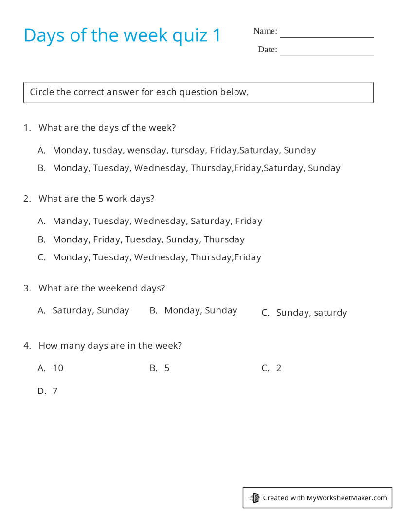 Days of the week quiz 1 - My Worksheet Maker: Create Your Own Worksheets