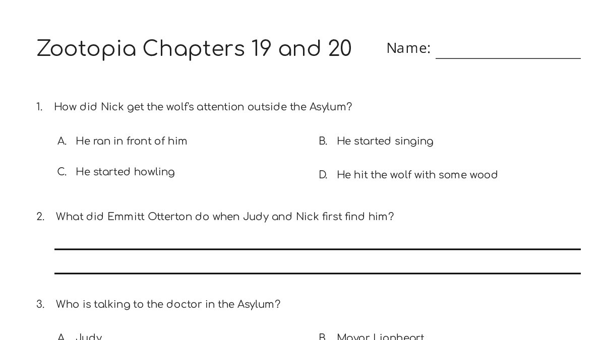 Zootopia Chapters 19 and 20 - My Worksheet Maker: Create Your Own ...