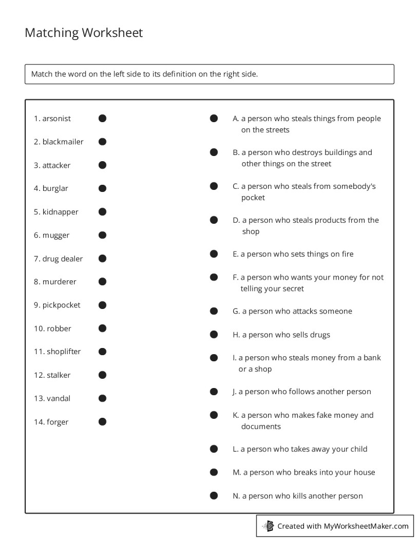 Matching Worksheet - My Worksheet Maker: Create Your Own Worksheets