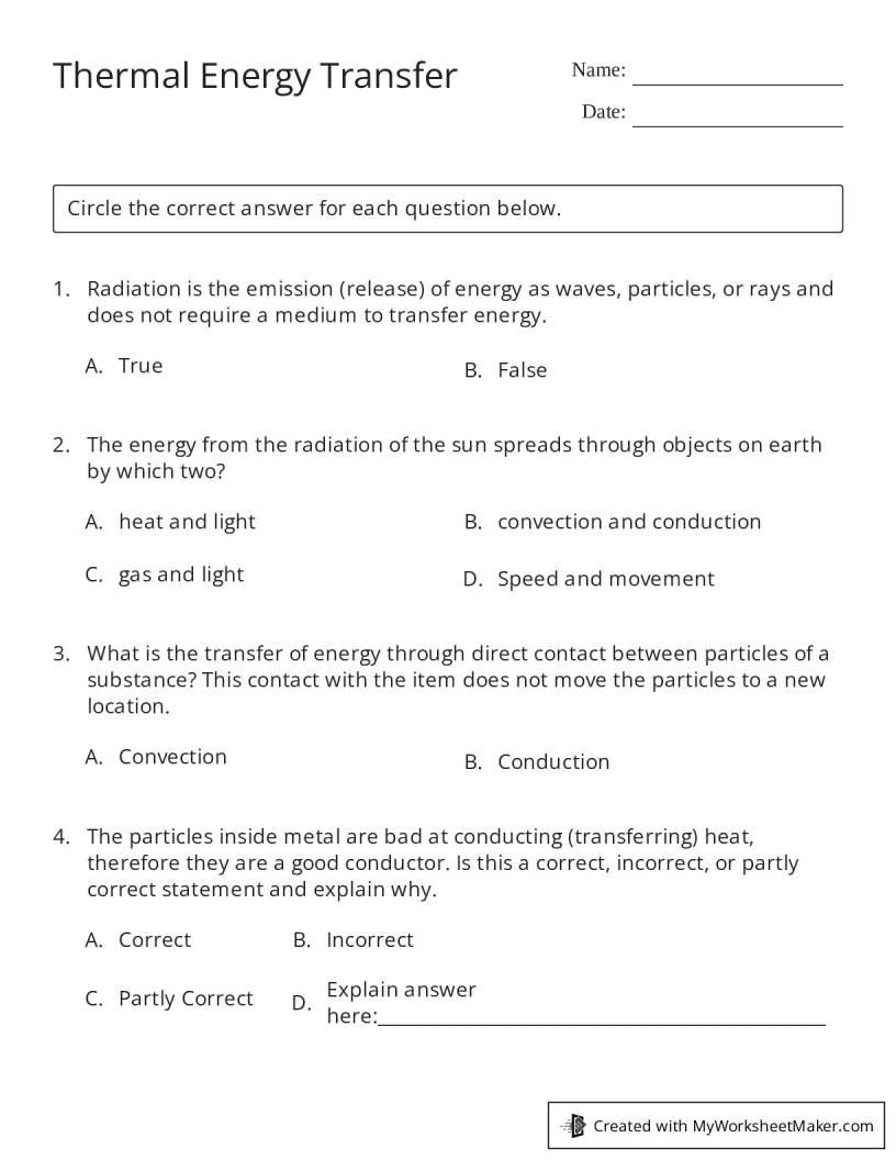 Thermal Energy Transfer - My Worksheet Maker: Create Your Own Worksheets