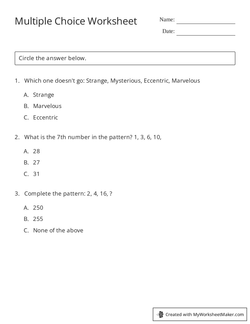 Multiple Choice Worksheet - My Worksheet Maker: Create Your Own Worksheets