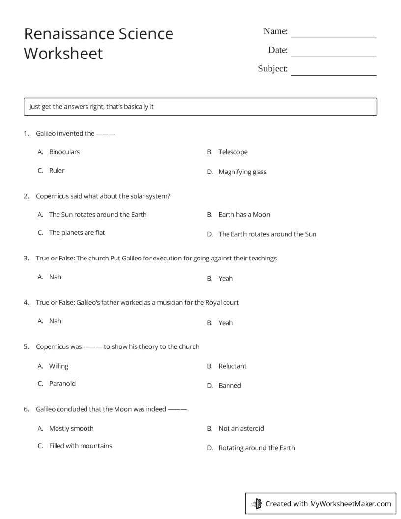 Renaissance Science Worksheet - My Worksheet Maker: Create Your Own ...