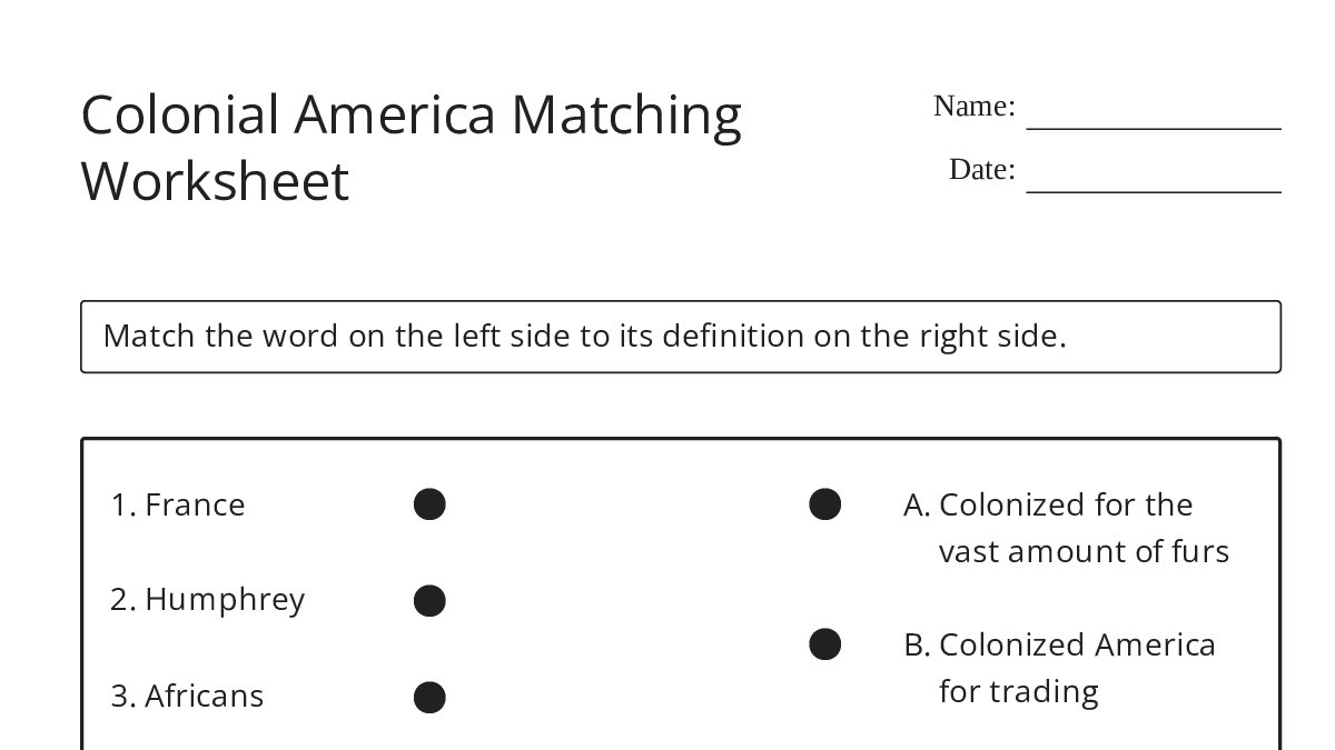 Colonial America Matching Worksheet - My Worksheet Maker: Create Your ...
