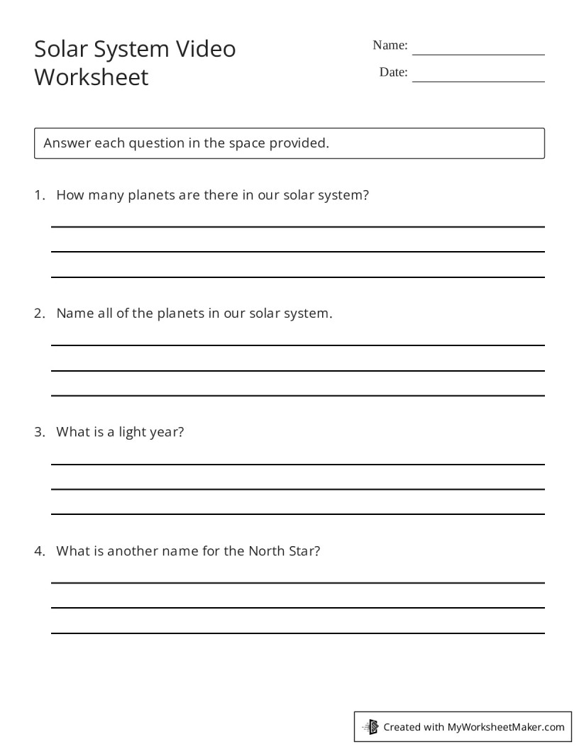 Solar System Video Worksheet - My Worksheet Maker: Create Your Own ...