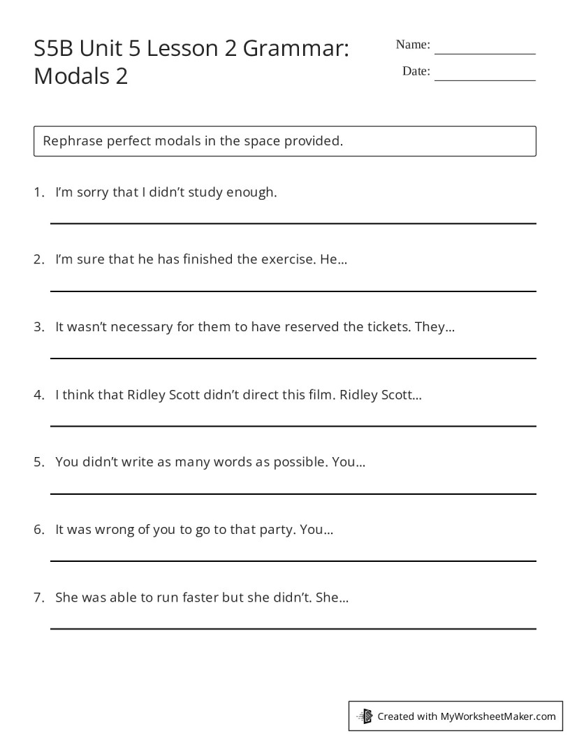 S5B Unit 5 Lesson 2 Grammar: Modals 2 - My Worksheet Maker: Create Your ...