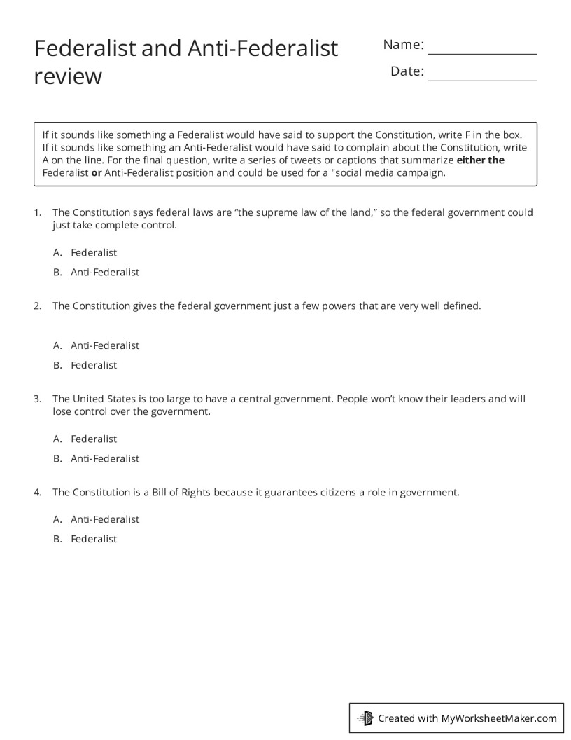 Federalist and Anti-Federalist review - My Worksheet Maker: Create Your ...