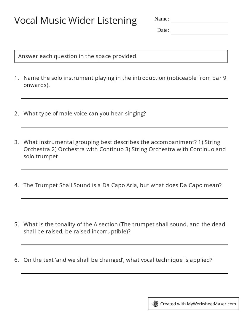 Vocal Music Wider Listening - My Worksheet Maker: Create Your Own ...