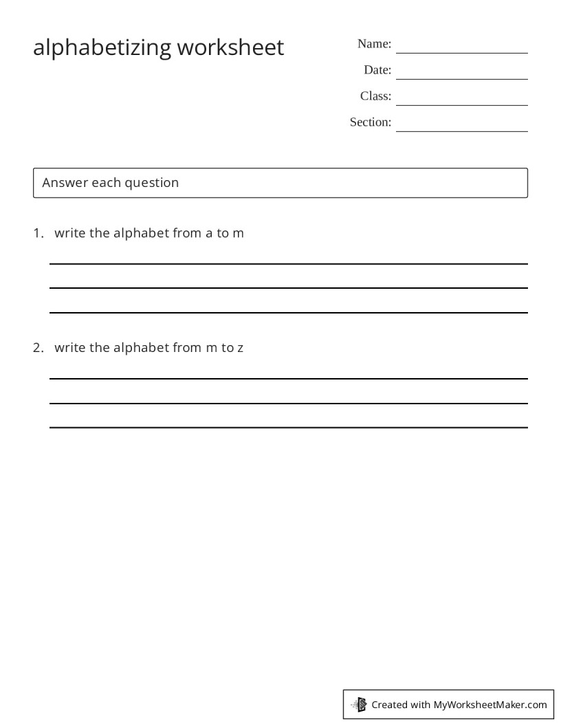 alphabetizing worksheet - My Worksheet Maker: Create Your Own Worksheets