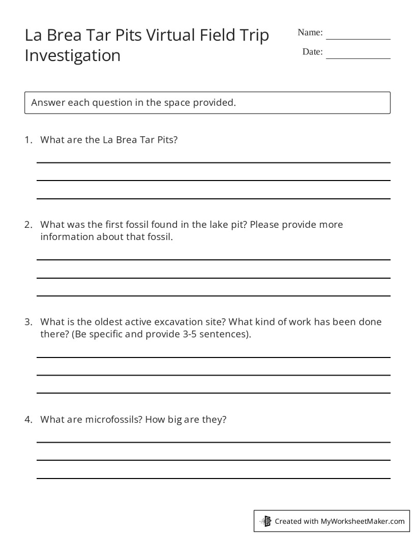 La Brea Tar Pits Virtual Field Trip Investigation - My Worksheet Maker ...