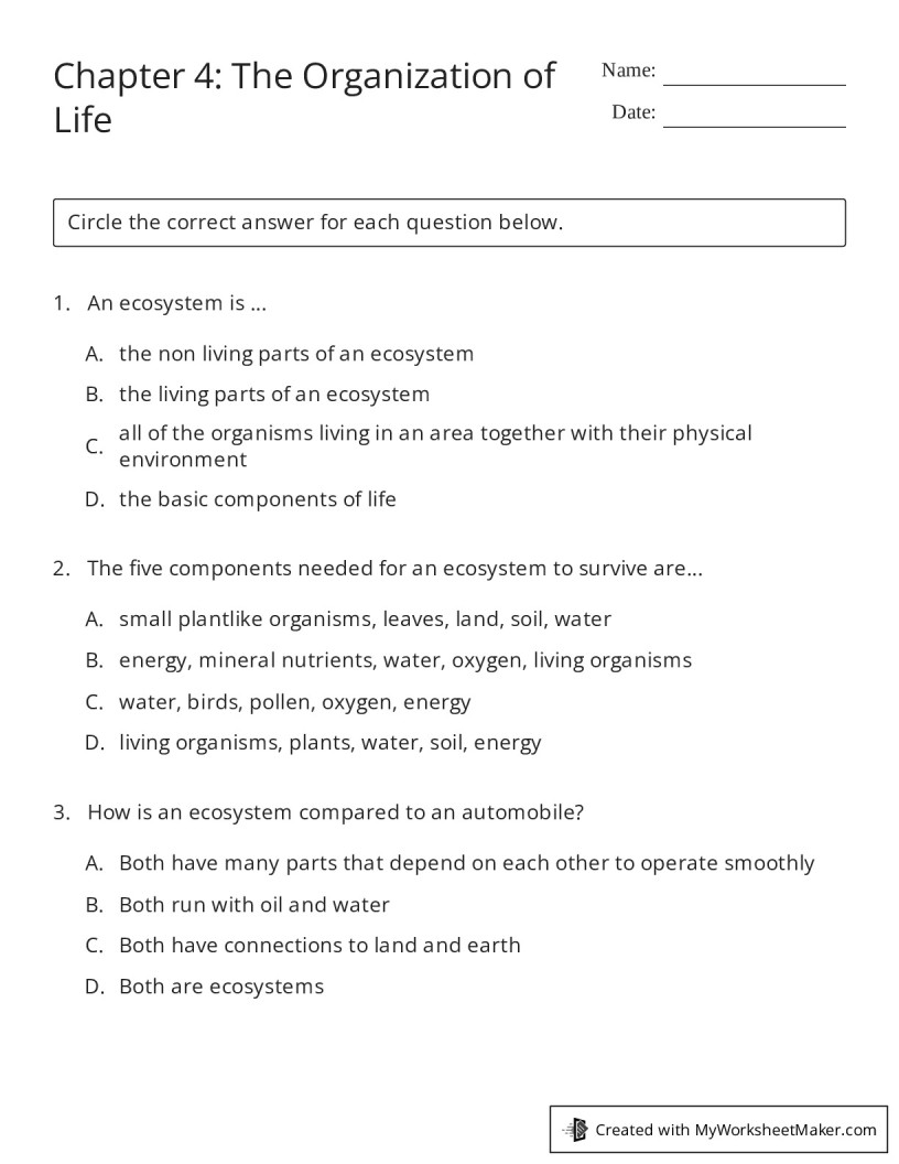 Chapter 4: The Organization of Life - My Worksheet Maker: Create Your ...