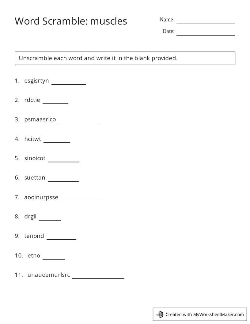 Word Scramble: muscles - My Worksheet Maker: Create Your Own Worksheets