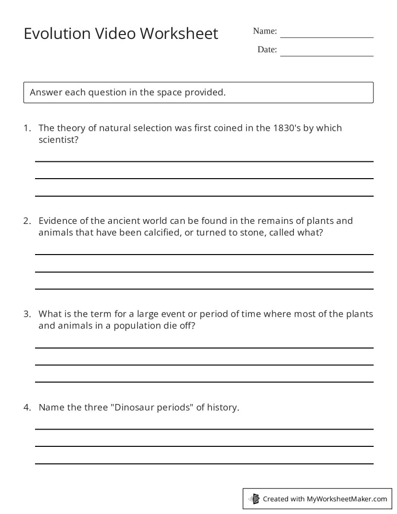Evolution Video Worksheet - My Worksheet Maker: Create Your Own Worksheets