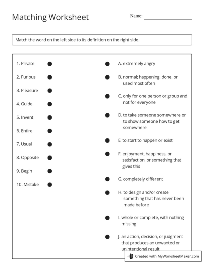 Matching Worksheet - My Worksheet Maker: Create Your Own Worksheets