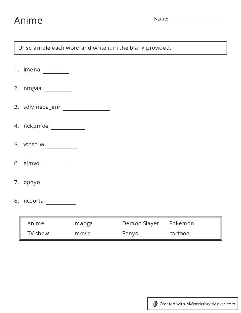 Anime - My Worksheet Maker: Create Your Own Worksheets