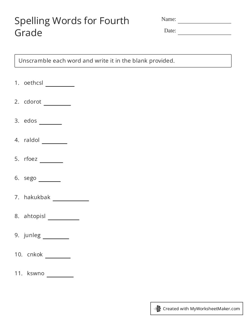 Spelling Words for Fourth Grade - My Worksheet Maker: Create Your Own ...