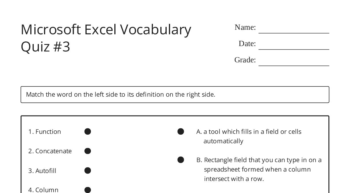 Microsoft Excel Vocabulary Quiz #3 - My Worksheet Maker: Create Your ...