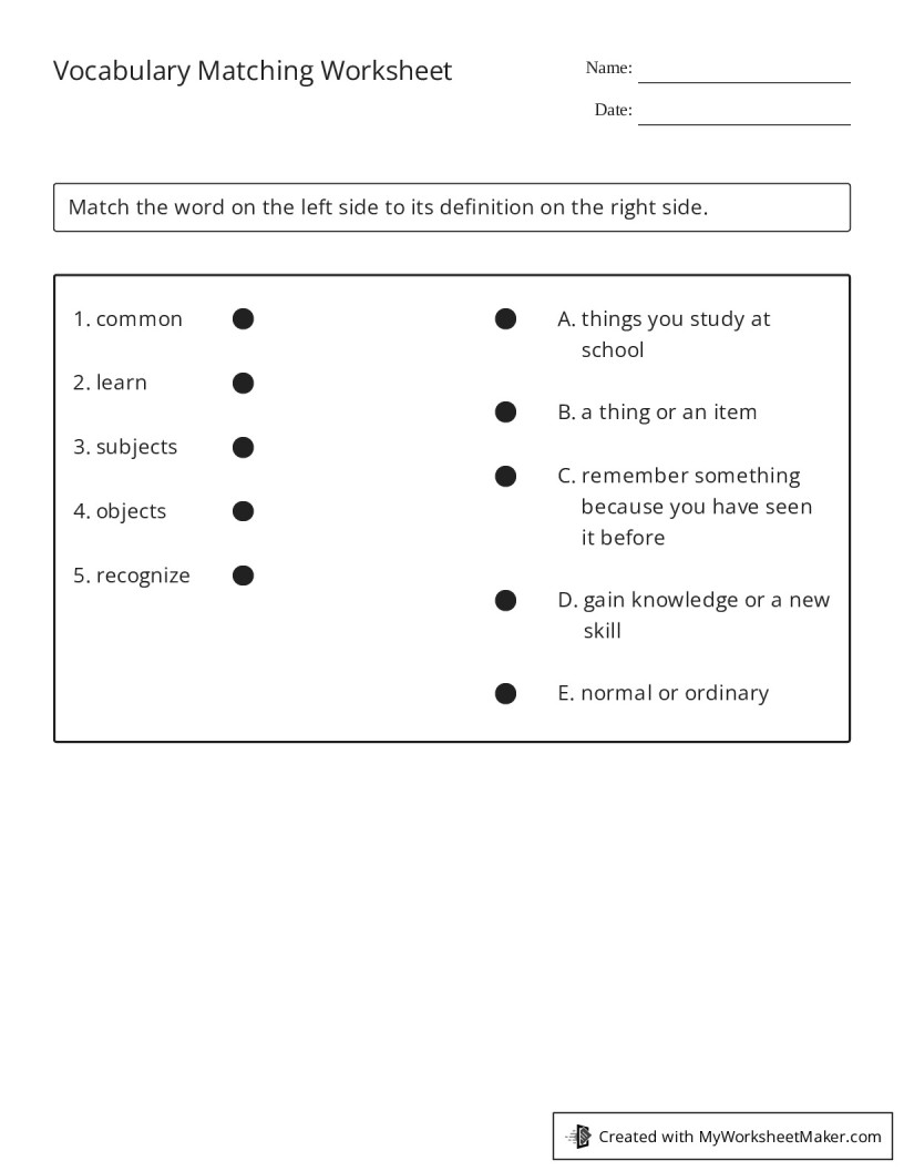 Vocabulary Matching Worksheet My Worksheet Maker Create Your Own