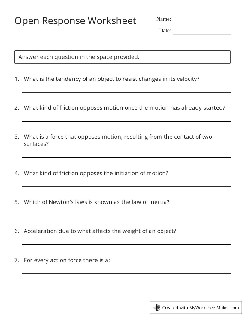 Open Response Worksheet - My Worksheet Maker: Create Your Own Worksheets