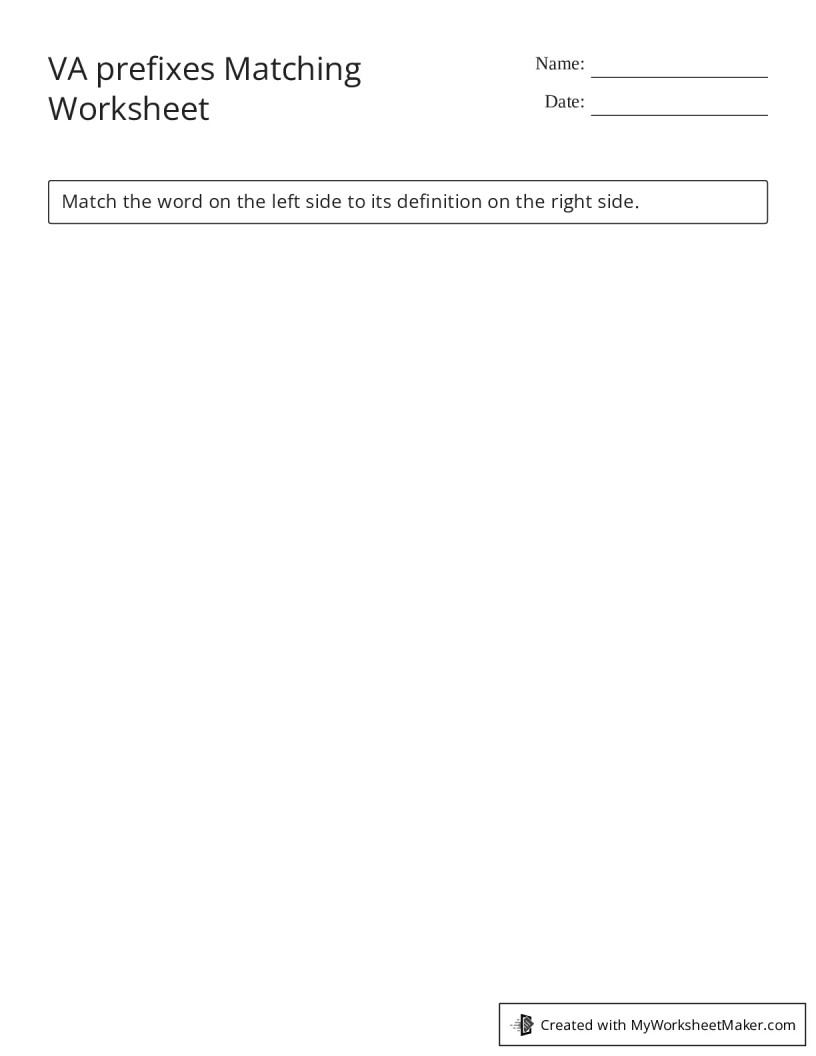 VA prefixes Matching Worksheet - My Worksheet Maker: Create Your Own ...