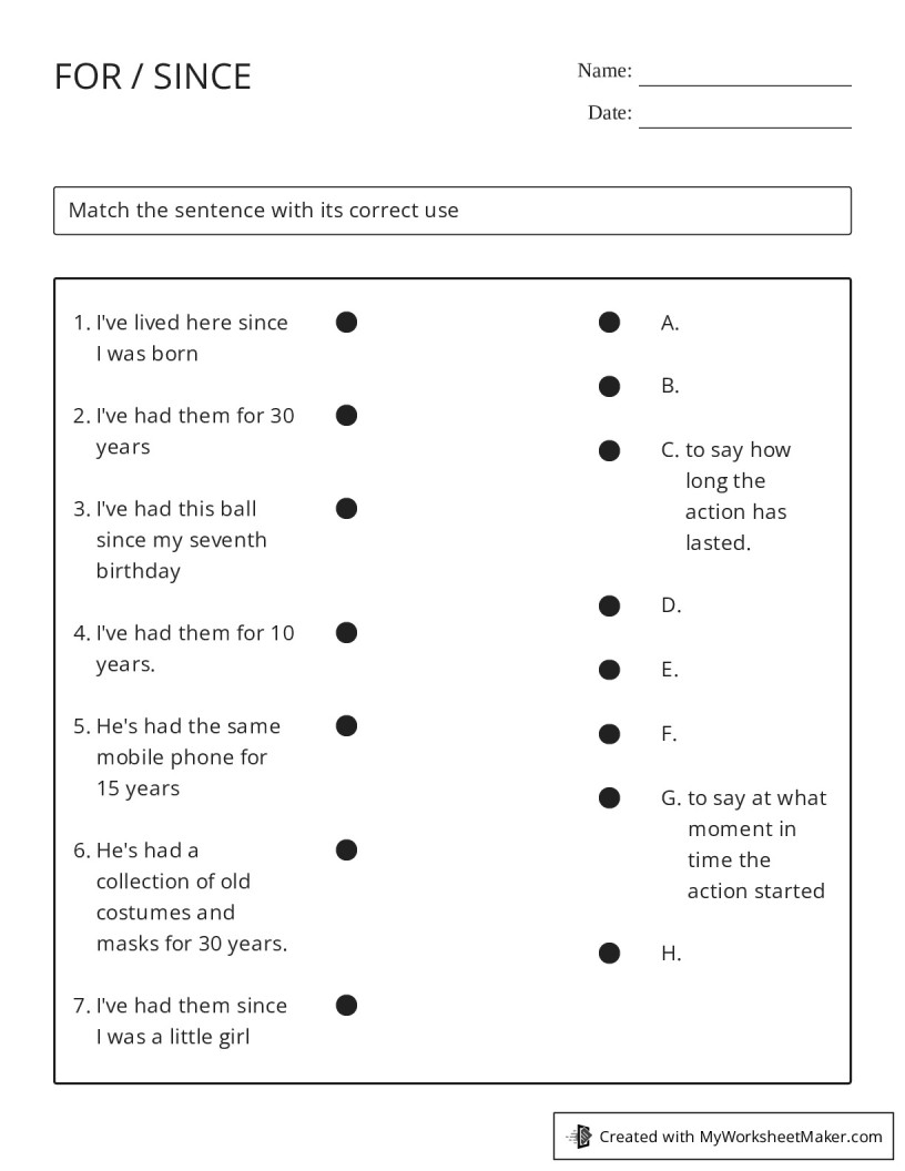 FOR / SINCE - My Worksheet Maker: Create Your Own Worksheets