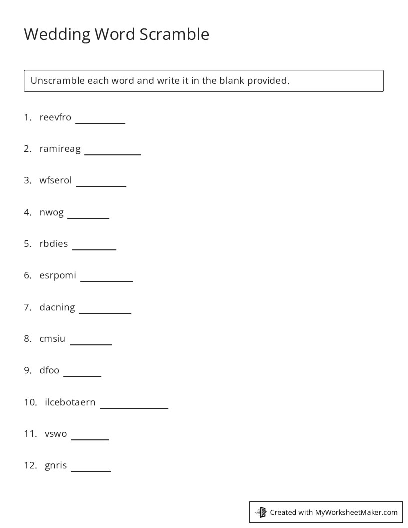 Wedding Word Scramble - My Worksheet Maker: Create Your Own Worksheets