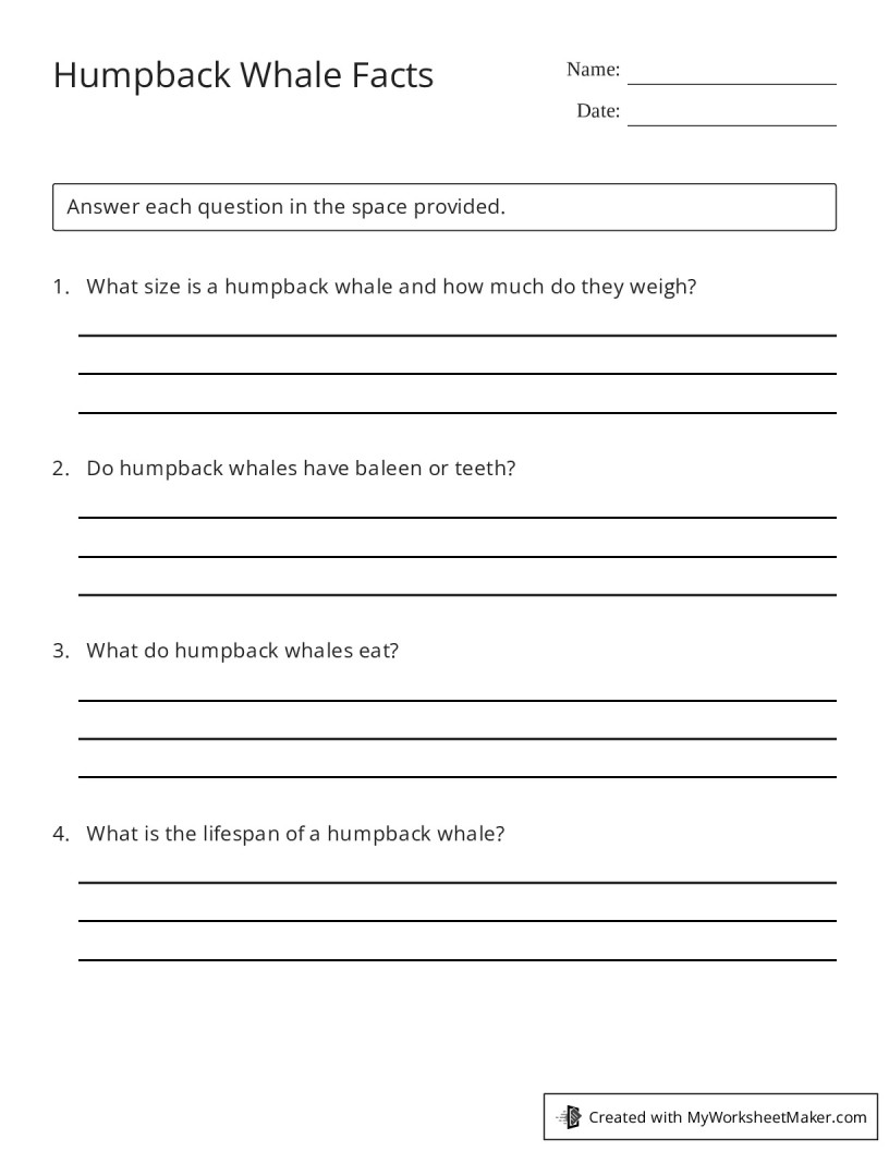 Humpback Whale Facts - My Worksheet Maker: Create Your Own Worksheets