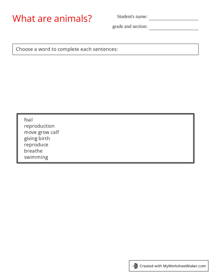What are animals? - My Worksheet Maker: Create Your Own Worksheets