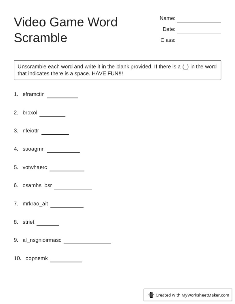 Video Game Word Scramble - My Worksheet Maker: Create Your Own Worksheets