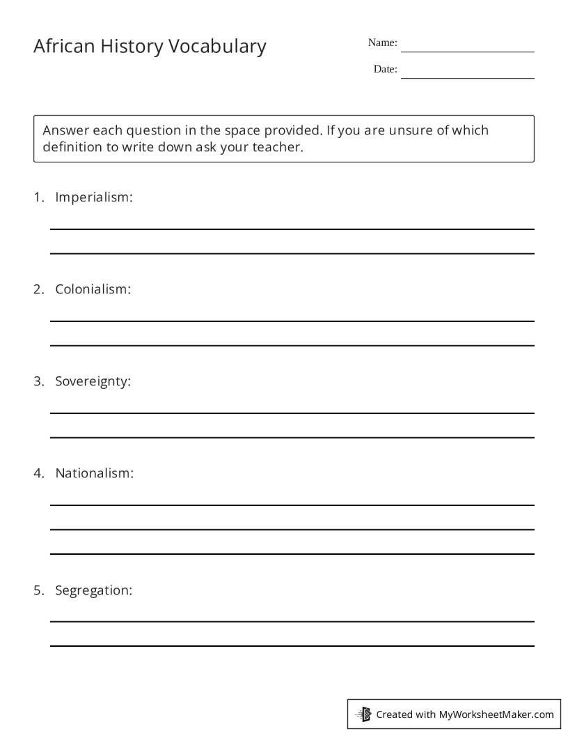 African History Vocabulary - My Worksheet Maker: Create Your Own Worksheets
