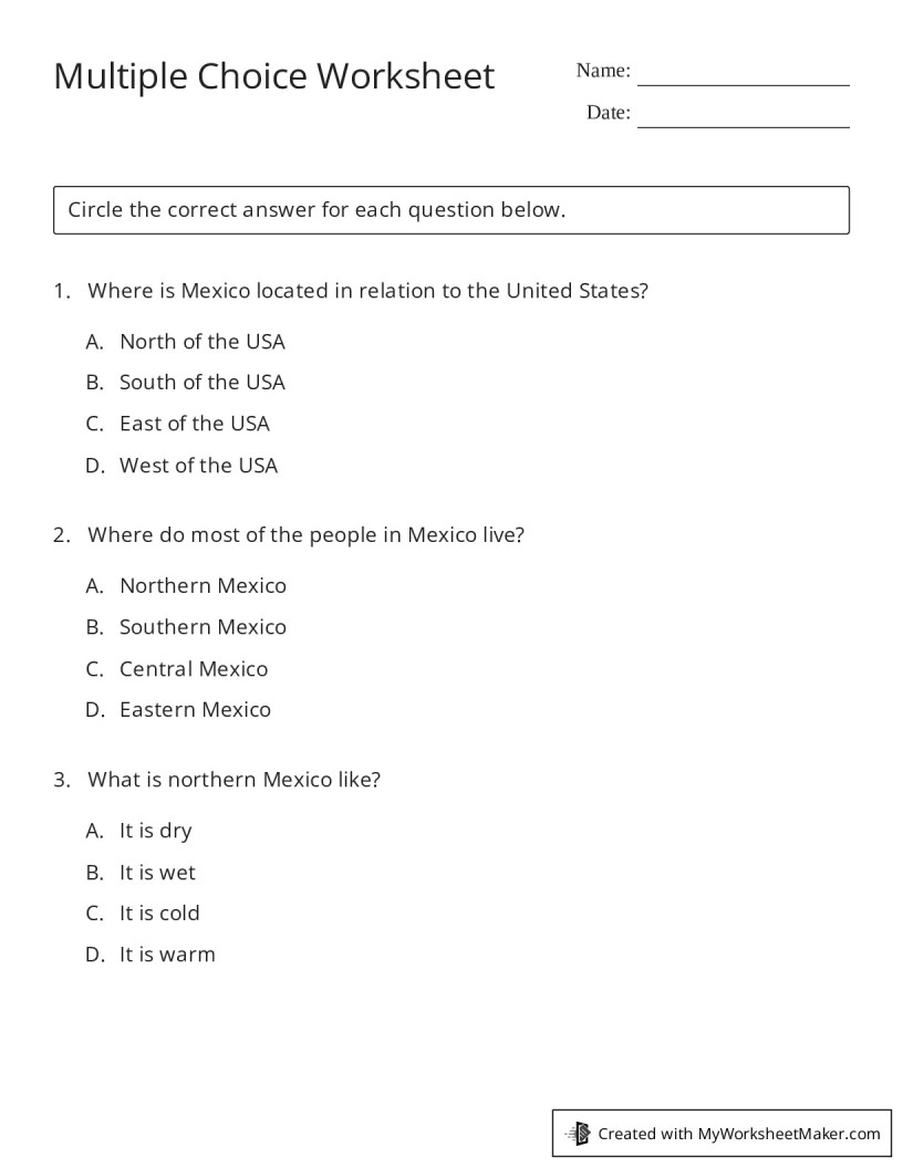 Multiple Choice Worksheet - My Worksheet Maker: Create Your Own Worksheets