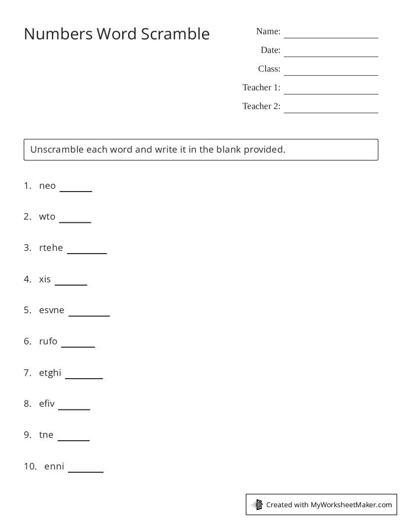 Numbers Word Scramble - My Worksheet Maker: Create Your Own Worksheets