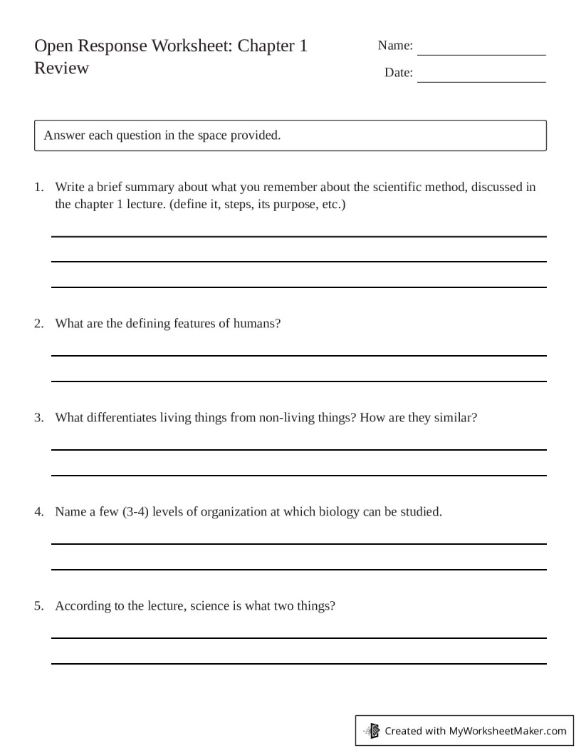 Open Response Worksheet: Chapter 1 Review - My Worksheet Maker: Create Your Own Worksheets