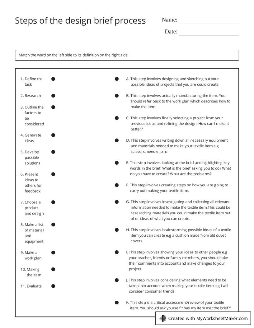Steps of the design brief process - My Worksheet Maker: Create Your Own ...
