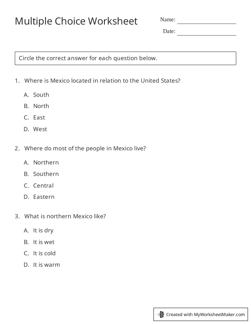 Multiple Choice Worksheet - My Worksheet Maker: Create Your Own Worksheets