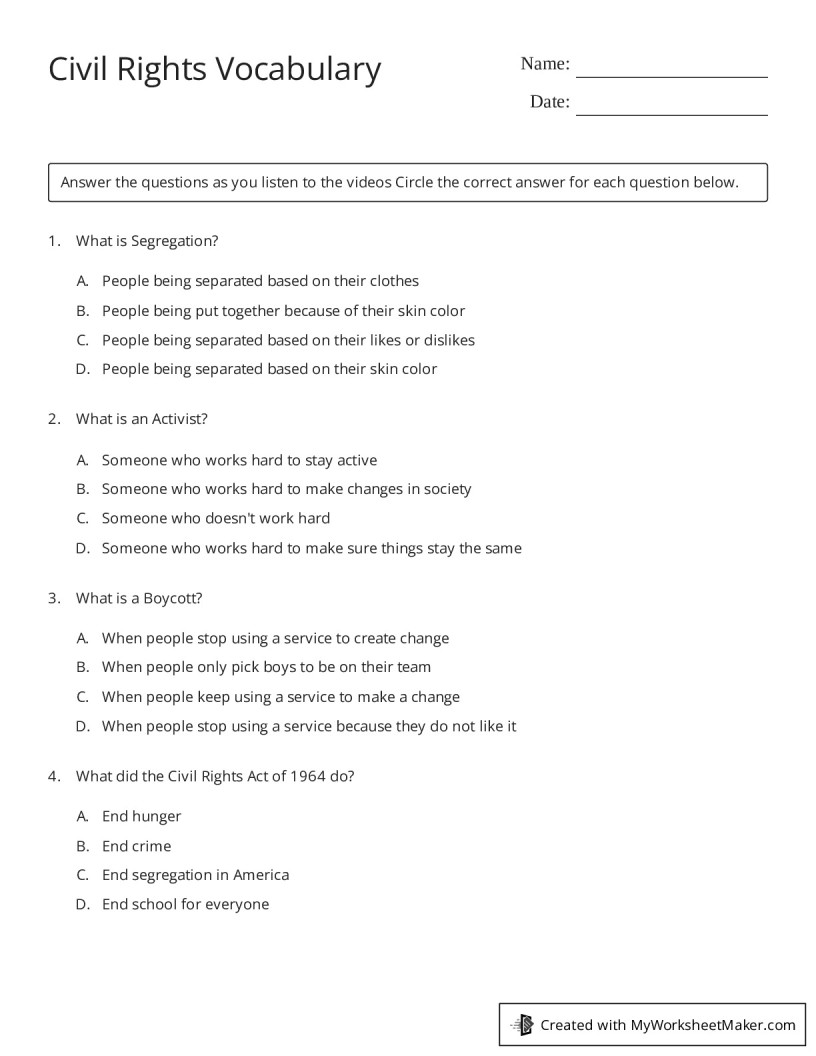 Civil Rights Vocabulary - My Worksheet Maker: Create Your Own Worksheets