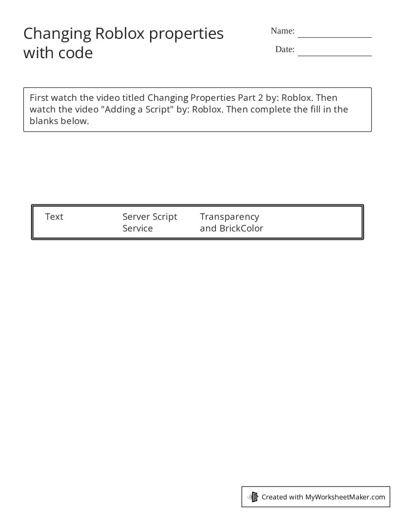 Changing Roblox properties with code - My Worksheet Maker: Create Your ...