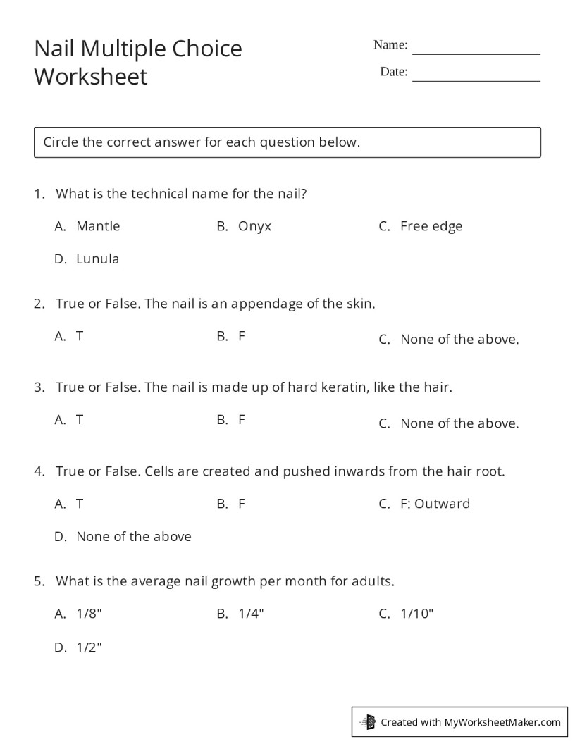 Nail Multiple Choice Worksheet - My Worksheet Maker: Create Your Own ...