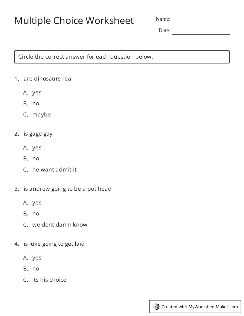 Multiple Choice Worksheet - My Worksheet Maker: Create Your Own Worksheets