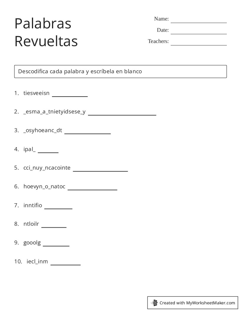 Palabras Revueltas - My Worksheet Maker: Create Your Own Worksheets